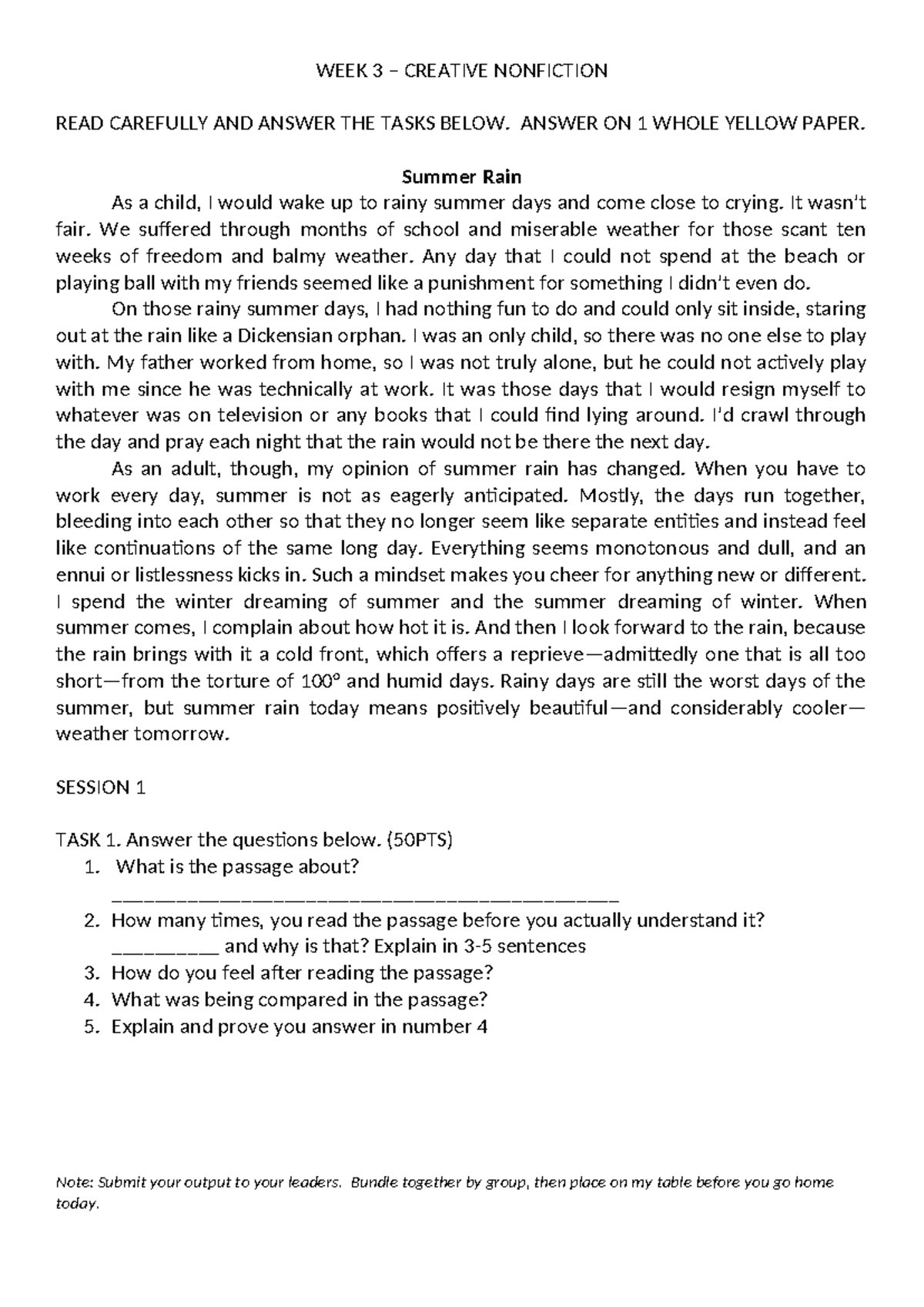 Week 3 Task Summer Rain Sesiion 1 AND 2 - WEEK 3 – CREATIVE NONFICTION READ CAREFULLY AND ANSWER ...