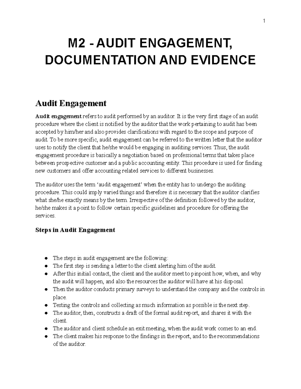 Auditing module 2 notes - M2 - AUDIT ENGAGEMENT, DOCUMENTATION AND ...