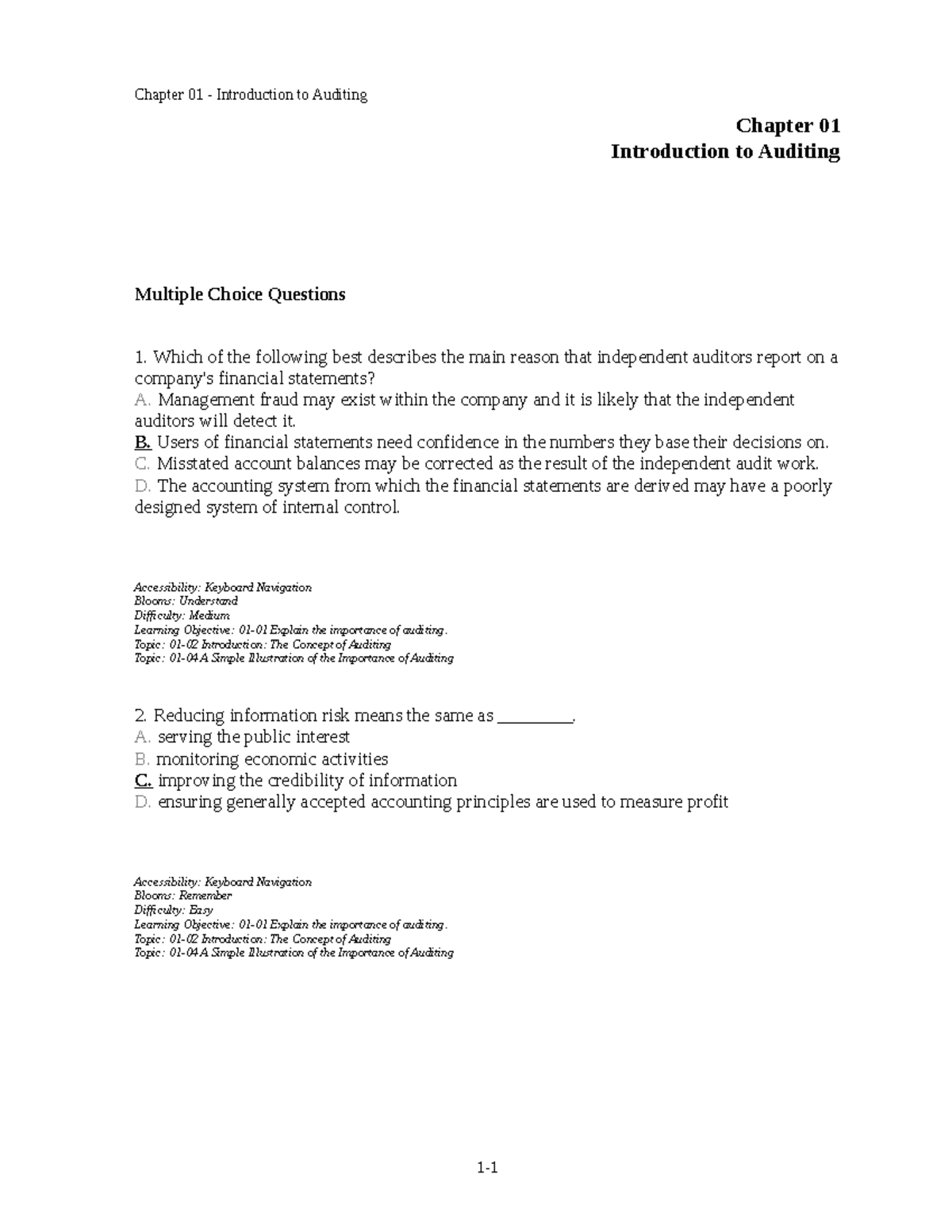Chap001 - Ch1 - Chapter 01 Introduction to Auditing Multiple Choice Questions 1. Which of the ...
