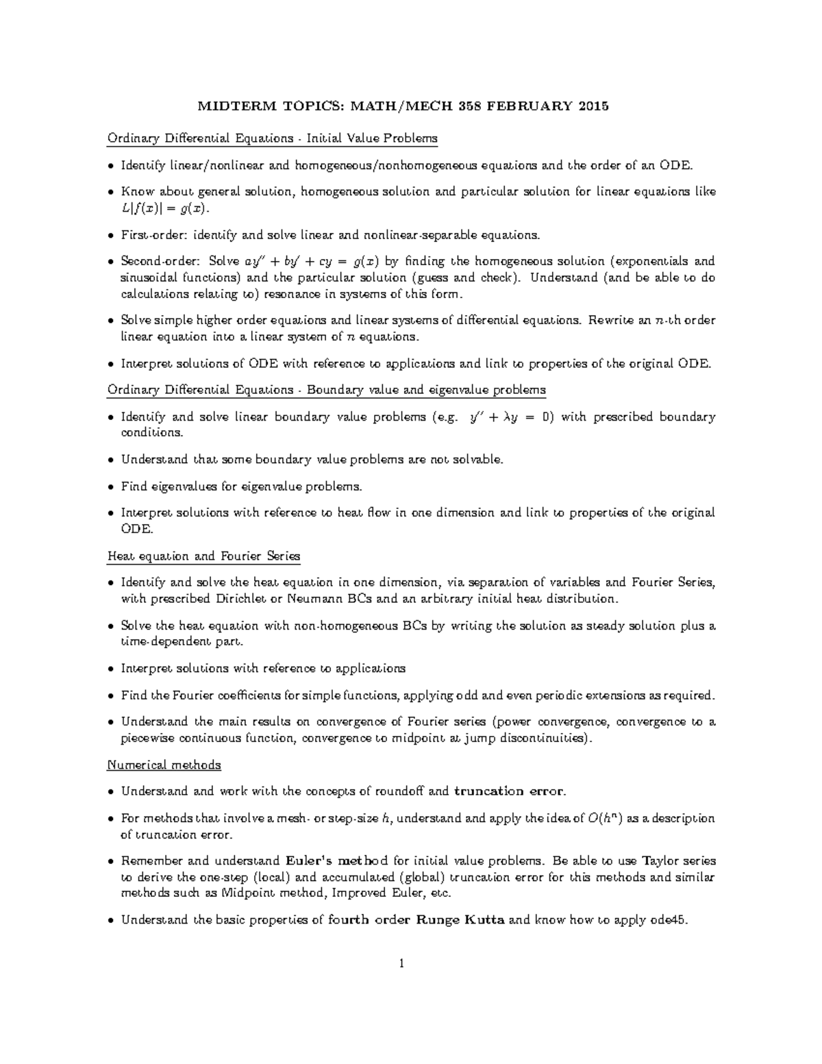 Midterm Topics - MIDTERM TOPICS: MATH/MECH 358 FEBRUARY 2015 Ordinary ...