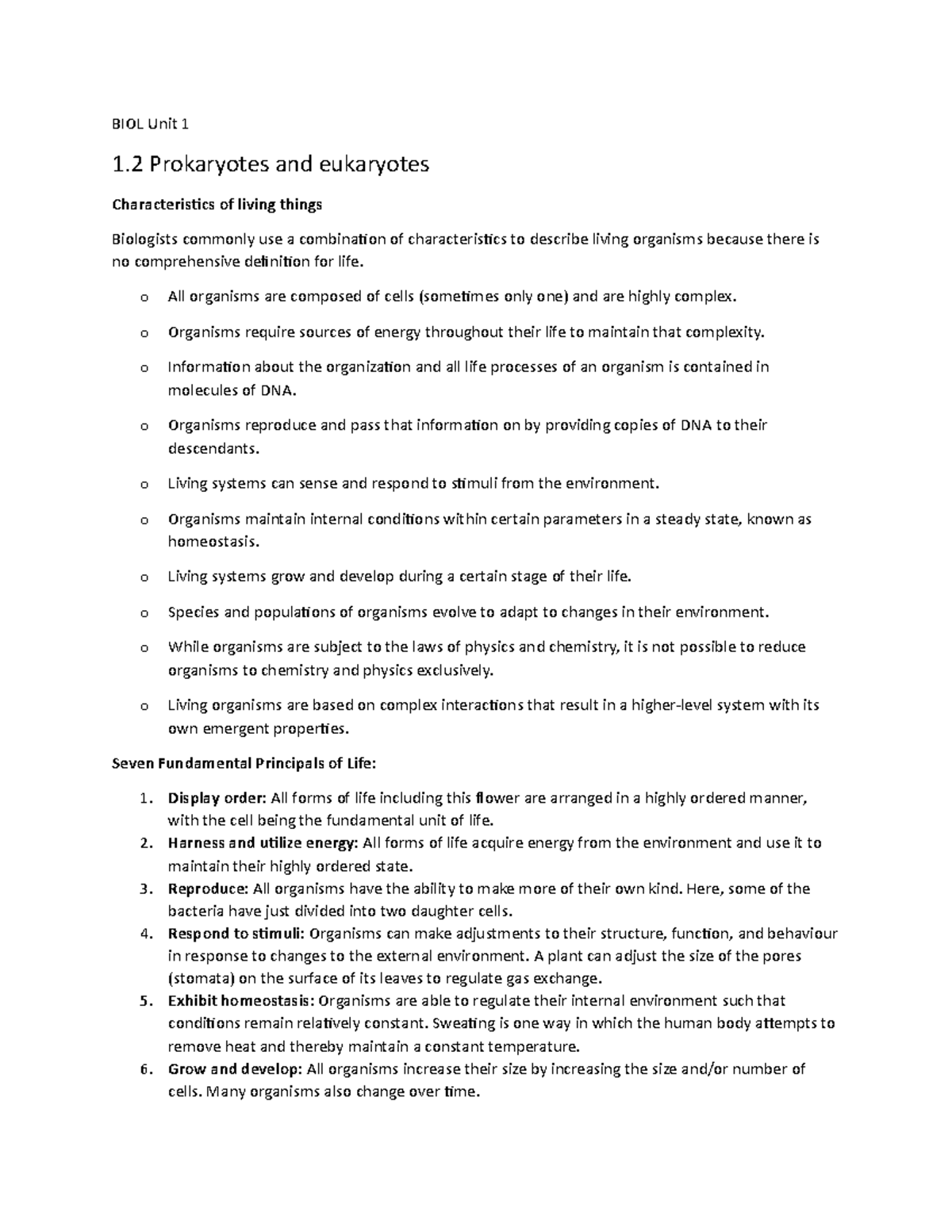 BIOL-Unit 1 Notes - Unit 1 - BIOL Unit 1 1 Prokaryotes and eukaryotes ...