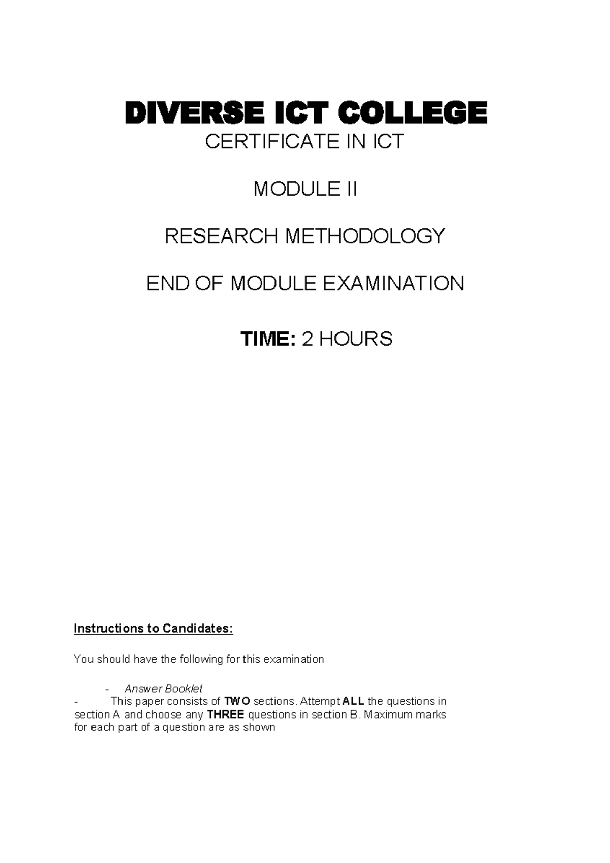 Methodology - DIVERSE ICT COLLEGE CERTIFICATE IN ICT MODULE II RESEARCH ...