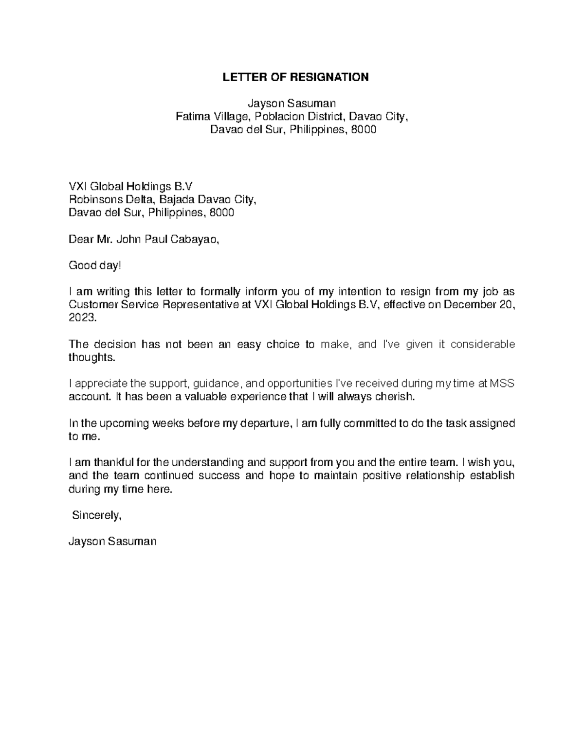 Letter OF Resignation - LETTER OF RESIGNATION Jayson Sasuman Fatima ...