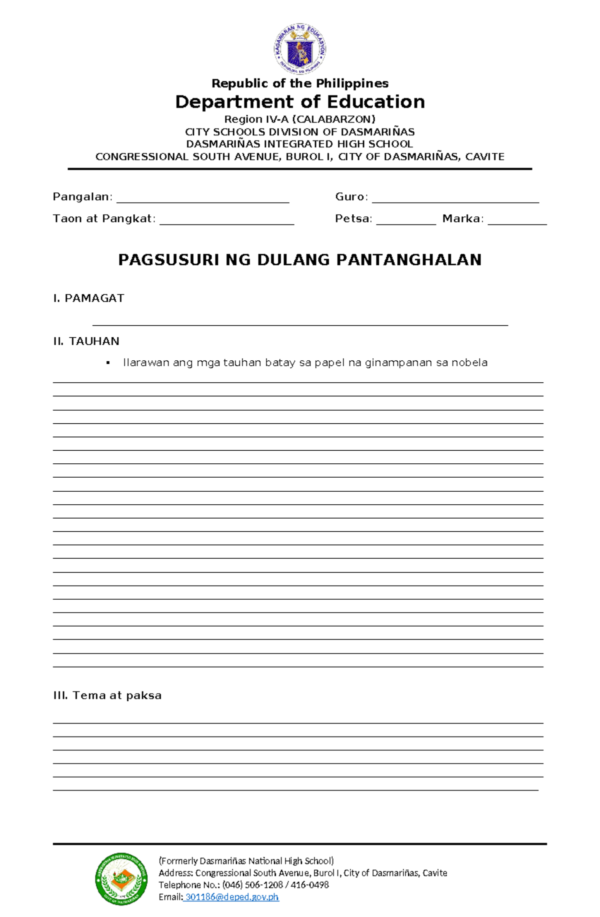 Suring Dulang Pantanghalan Template - Republic of the Philippines ...