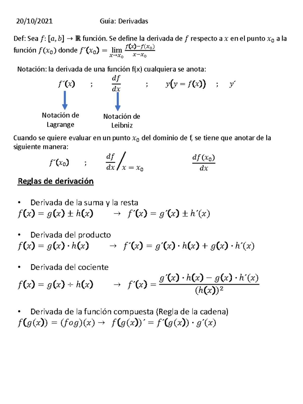 Derivadas: concepto, reglas y derivadas elementales - 20/10/2021 Guía ...