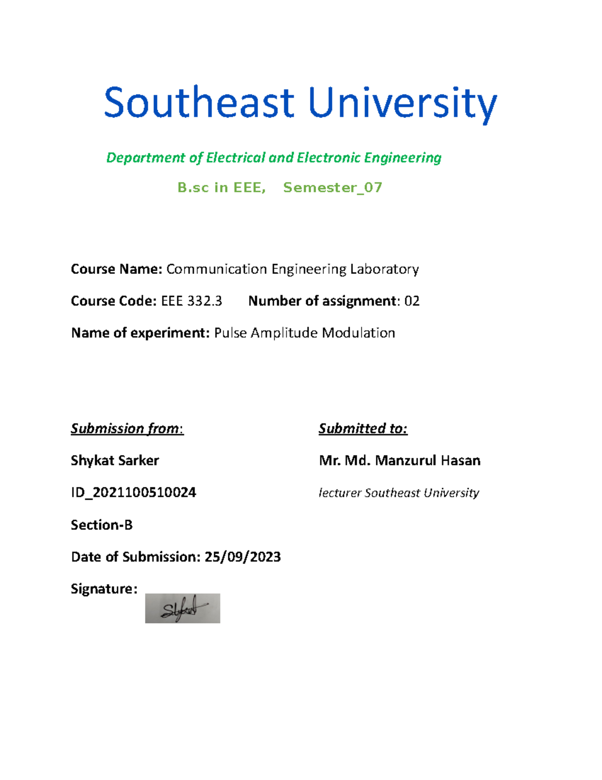 Pluse Amplitude Modulation Lab report - Southeast University Department ...