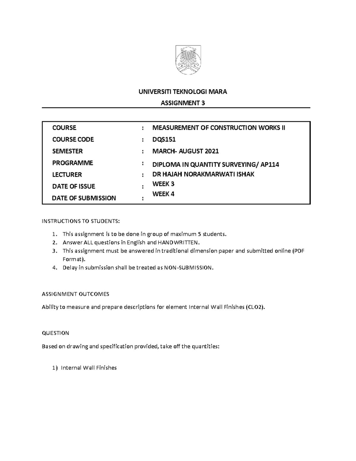 Assignment Internal WALL Finishes Group 3 pdf - UNIVERSITI TEKNOLOGI ...