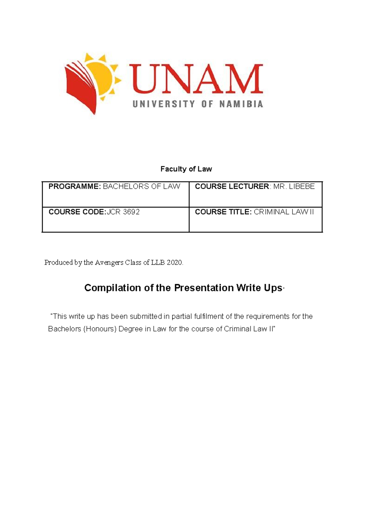 Criminal Booklet - notes - Faculty of Law PROGRAMME: BACHELORS OF LAW ...