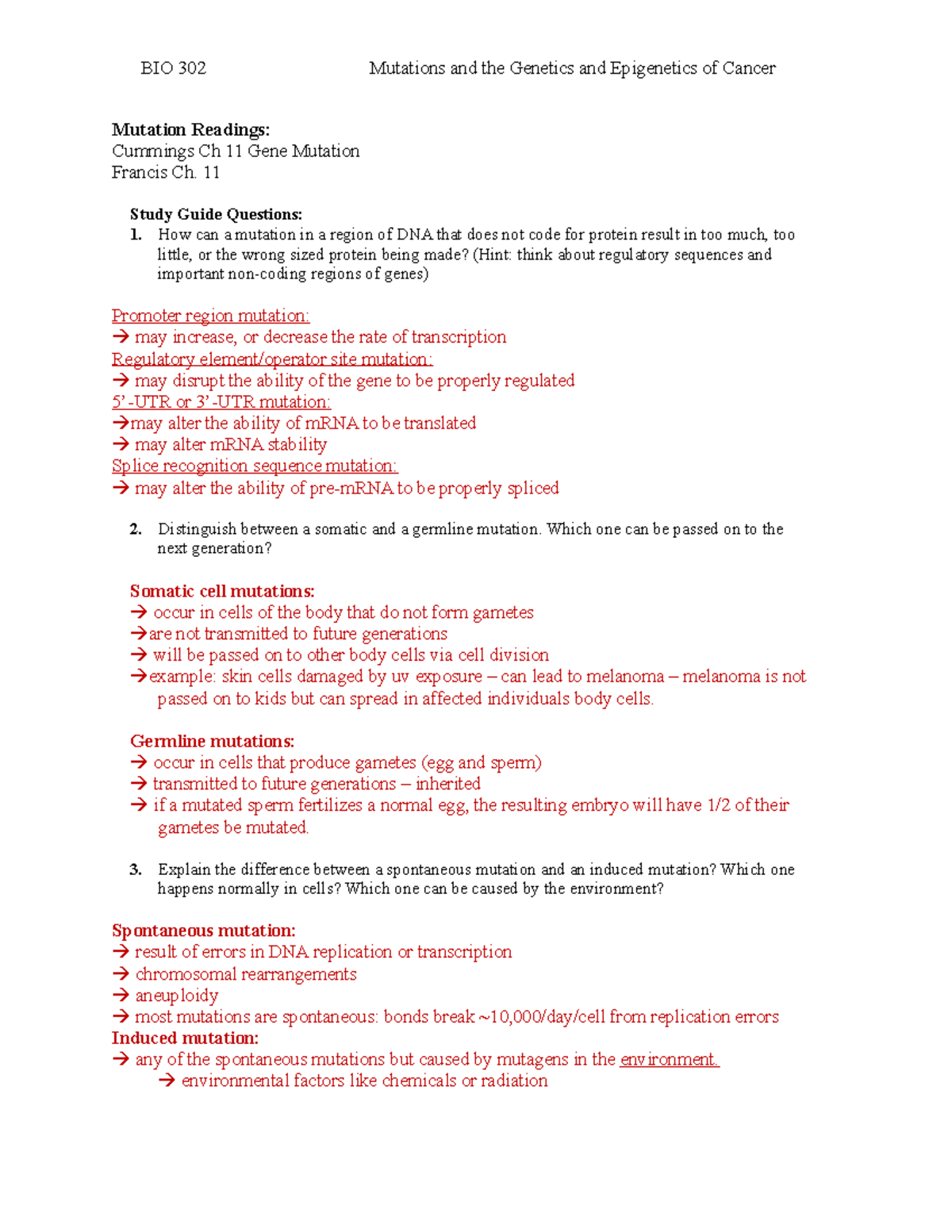 Mutations and Genetics and Epigenetics of Cancer Study Guide General ...