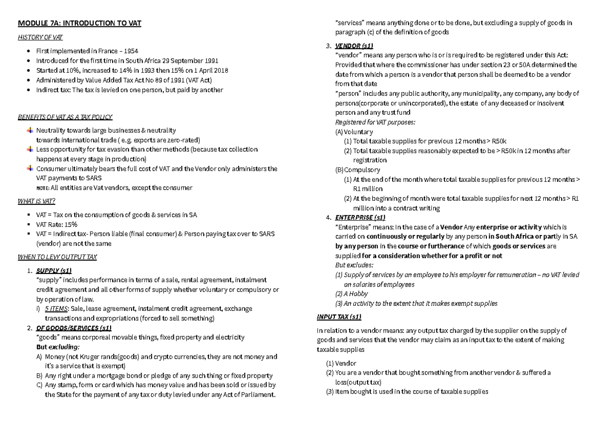 Value added tax module 7A Taxation summary - MODULE 7A: INTRODUCTION TO ...