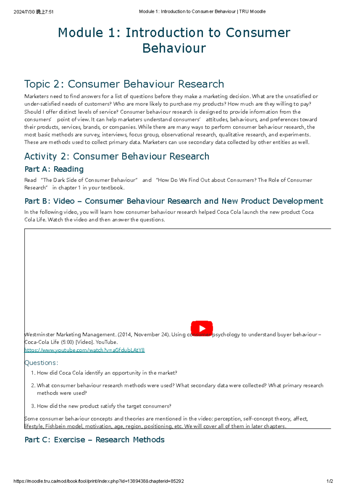 Module 1.2 Introduction to Consumer Behaviour TRU Moodle - Module 1 ...