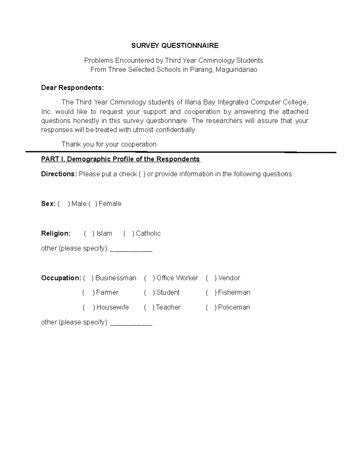 Survey Questionnaire For Criminology Research Related Matters SURVEY