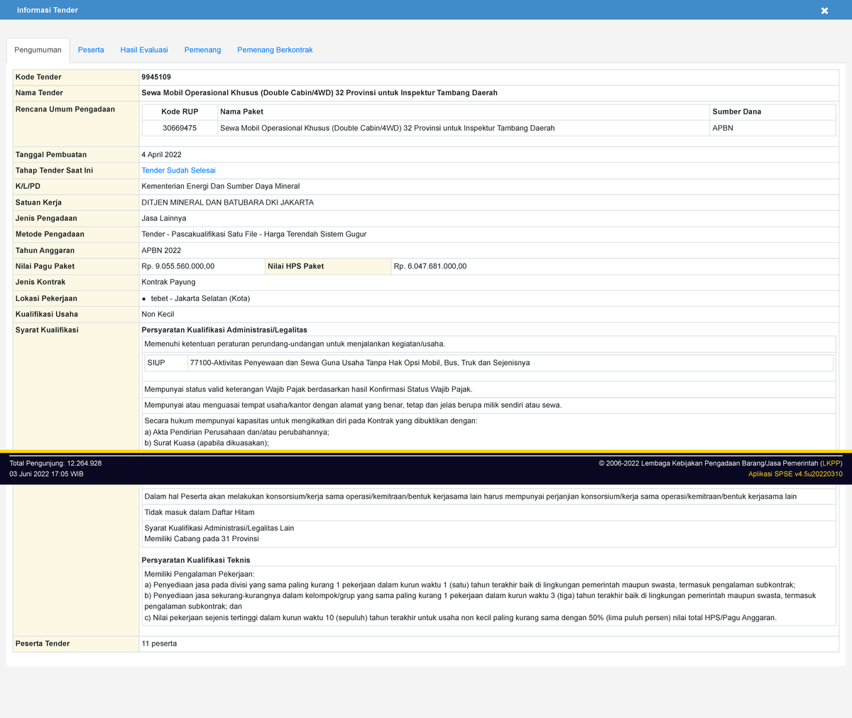 LPSE ESDM - Informasi Tender - Pengumuman Peserta Hasil Evaluasi Pemenang Pemenang Berkontrak ...