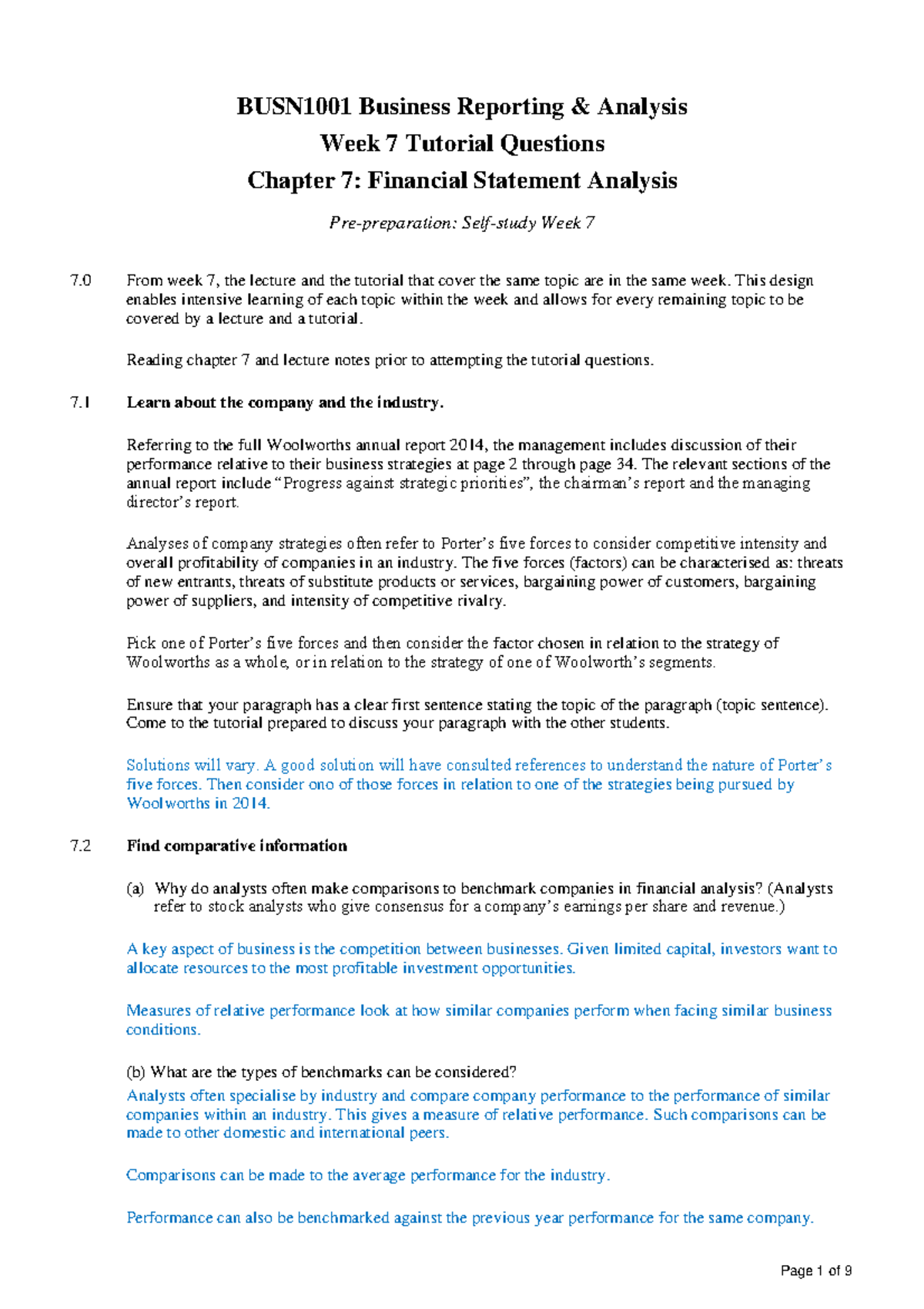 Week 7 Tutorial Solutions - BUSN1001 Business Reporting Analysis Week 7 ...