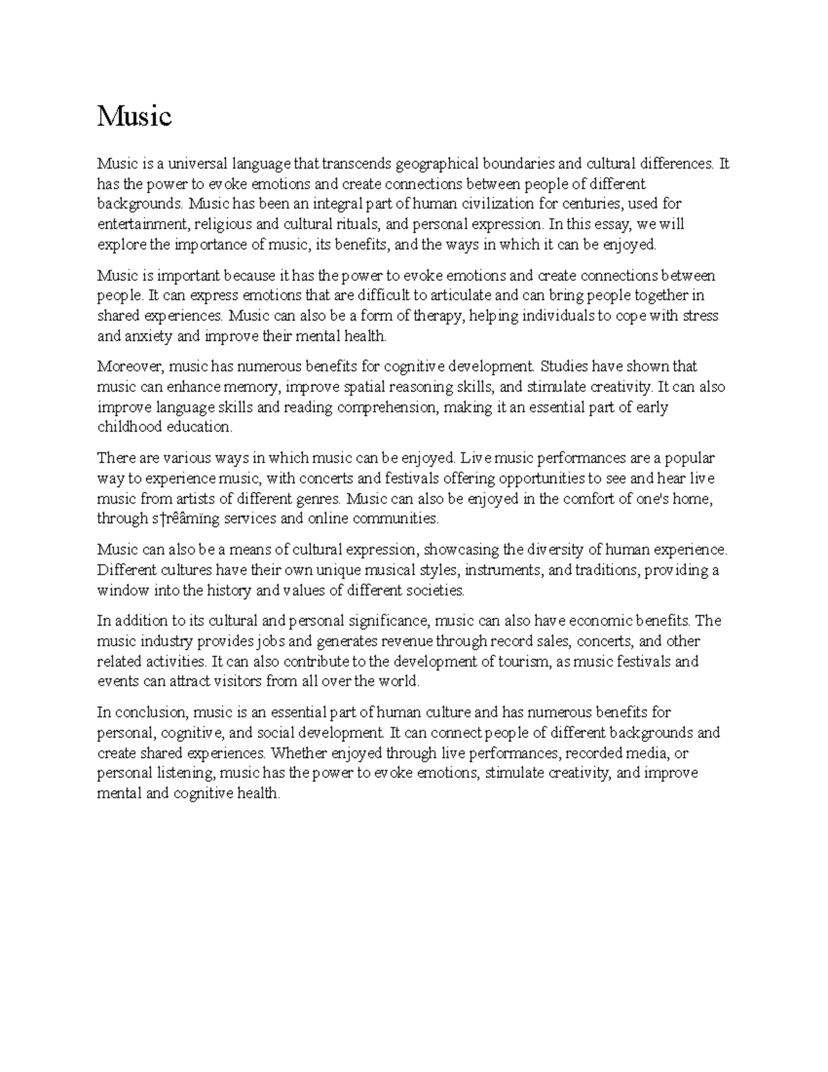 Music essay - Music Music is a universal language that transcends ...