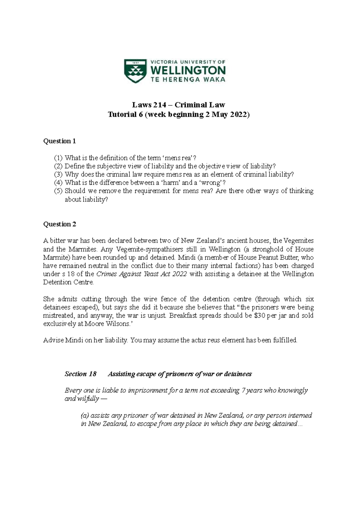 LAWS 214 Tutorial 6 2022 - Laws 214 – Criminal Law Tutorial 6 (week ...