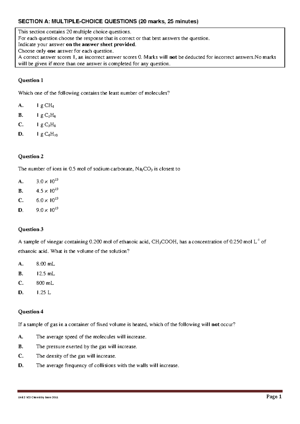 2011 st leonards unit 2 - this is a chemistry note - SECTION A: MULTIPLE-CHOICE QUESTIONS (20 ...