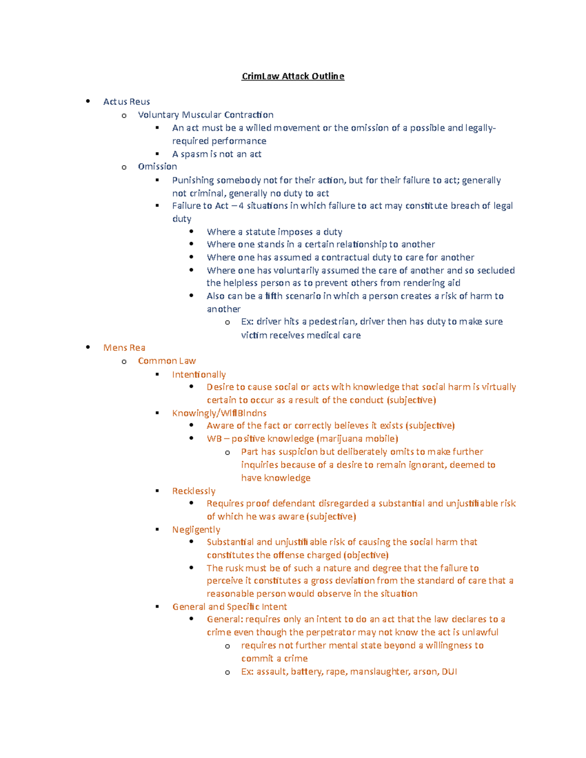 Criminal Law Course Outline - CrimLaw Attack Outline Actus Reus o ...