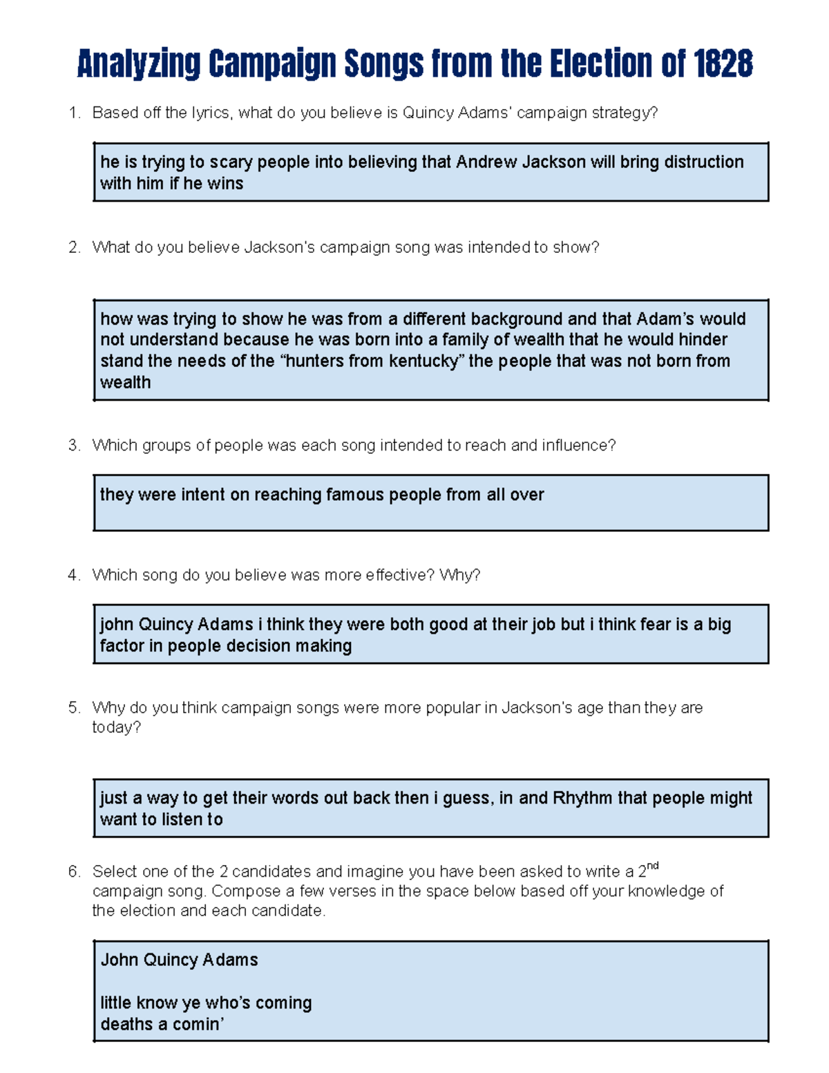 Copy of Copy of Jackson and Adams Campaign Songs - Analyzing Campaign ...