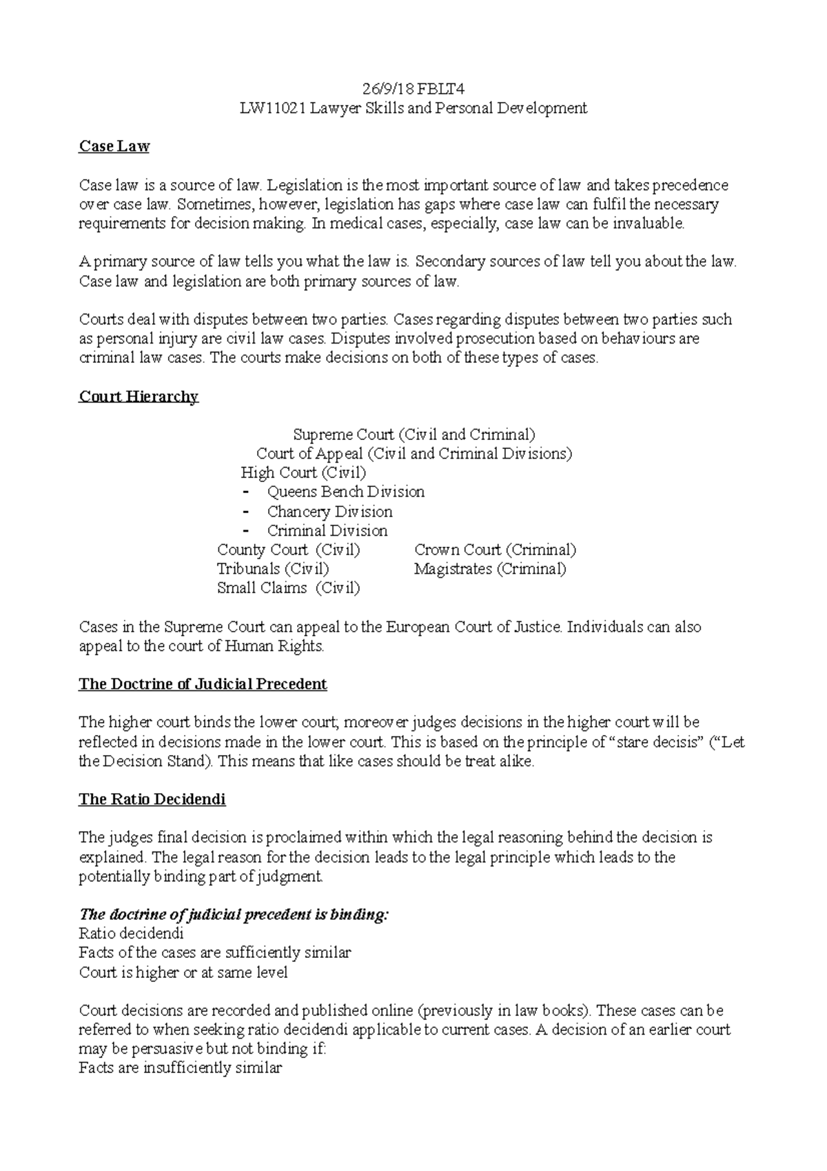 Lawyer Skills 1 - Lecture notes 1 - 26/9/18 FBLT4 LW11021 Lawyer Skills ...