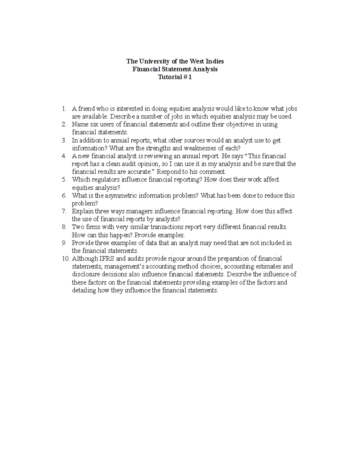 Ms 38i tut1 - Financial Statement Analysis - UWI Mona - Studocu