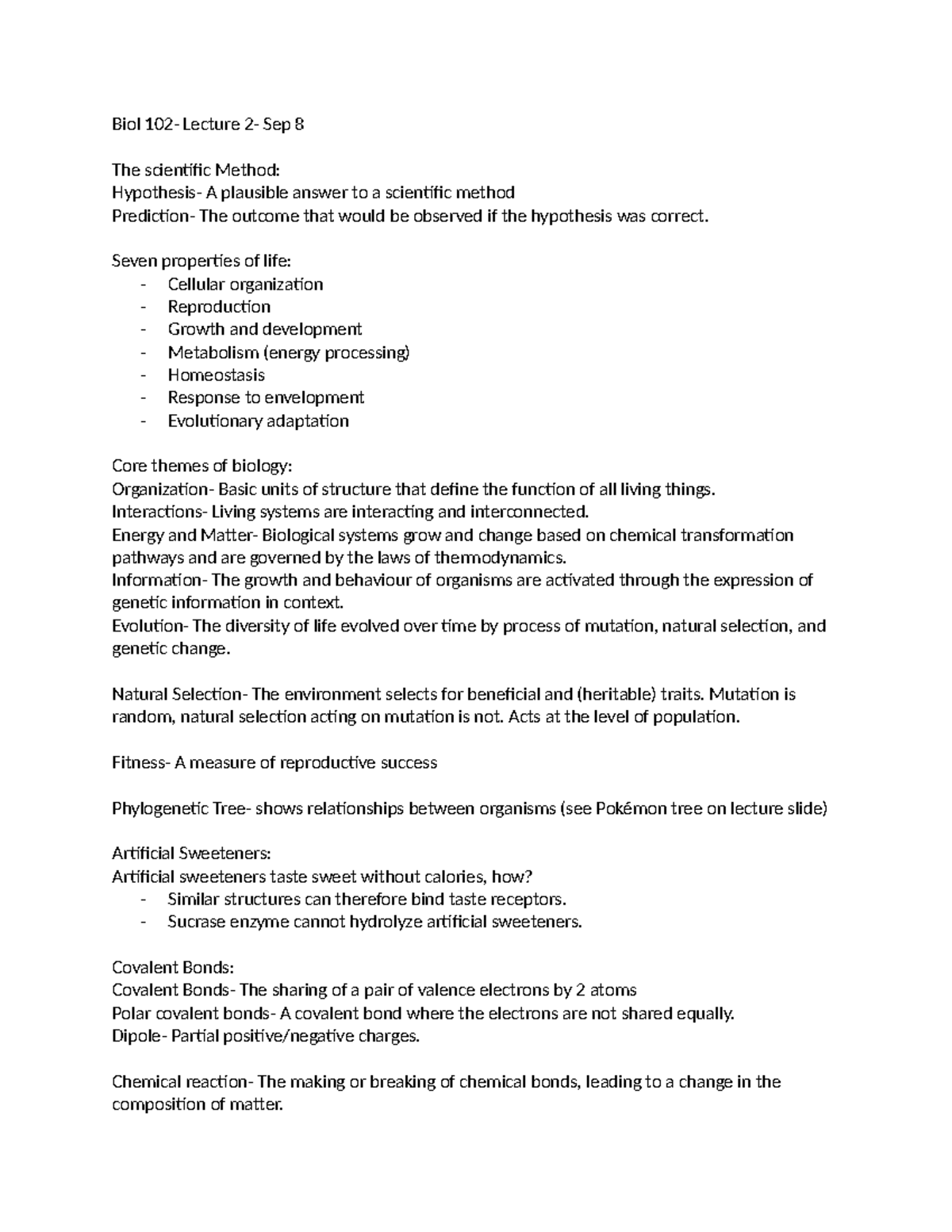 Biol 102 Lecture 2- Sep 8 - Biol 102- Lecture 2- Sep 8 The scientific Method: Hypothesis- A ...