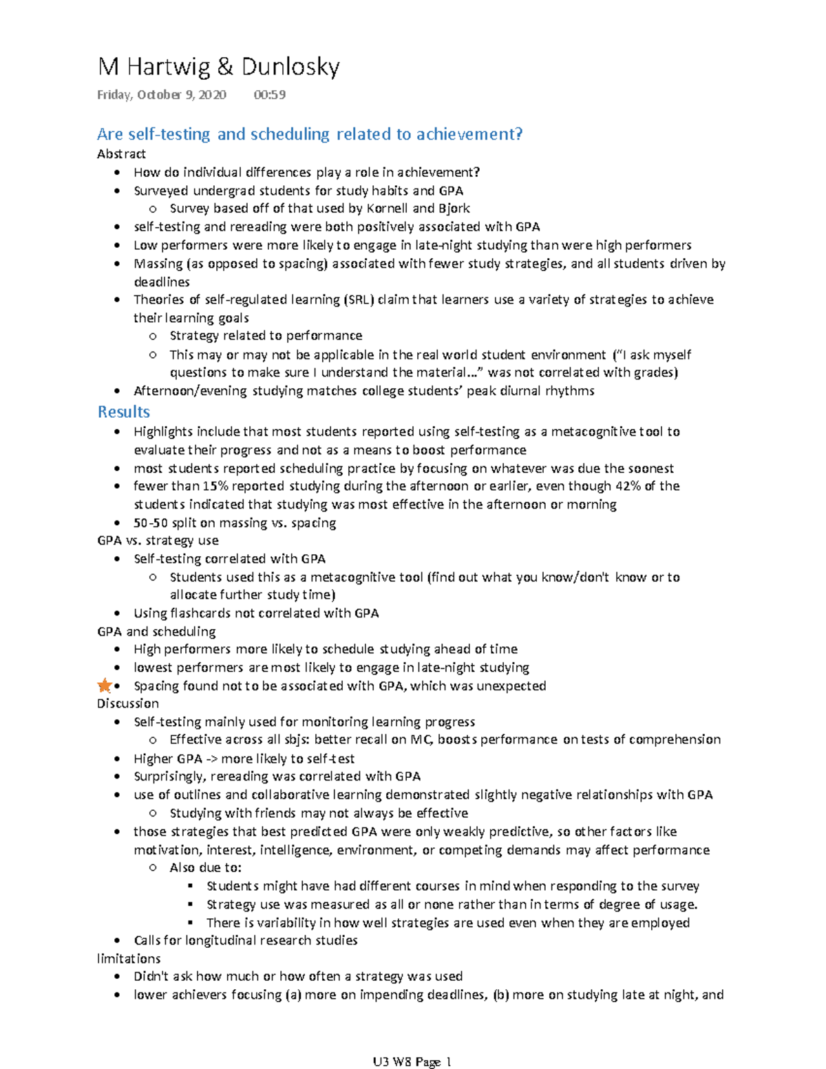 Hartwig and Dunlosky Reading Notes - Are self-testing and scheduling ...