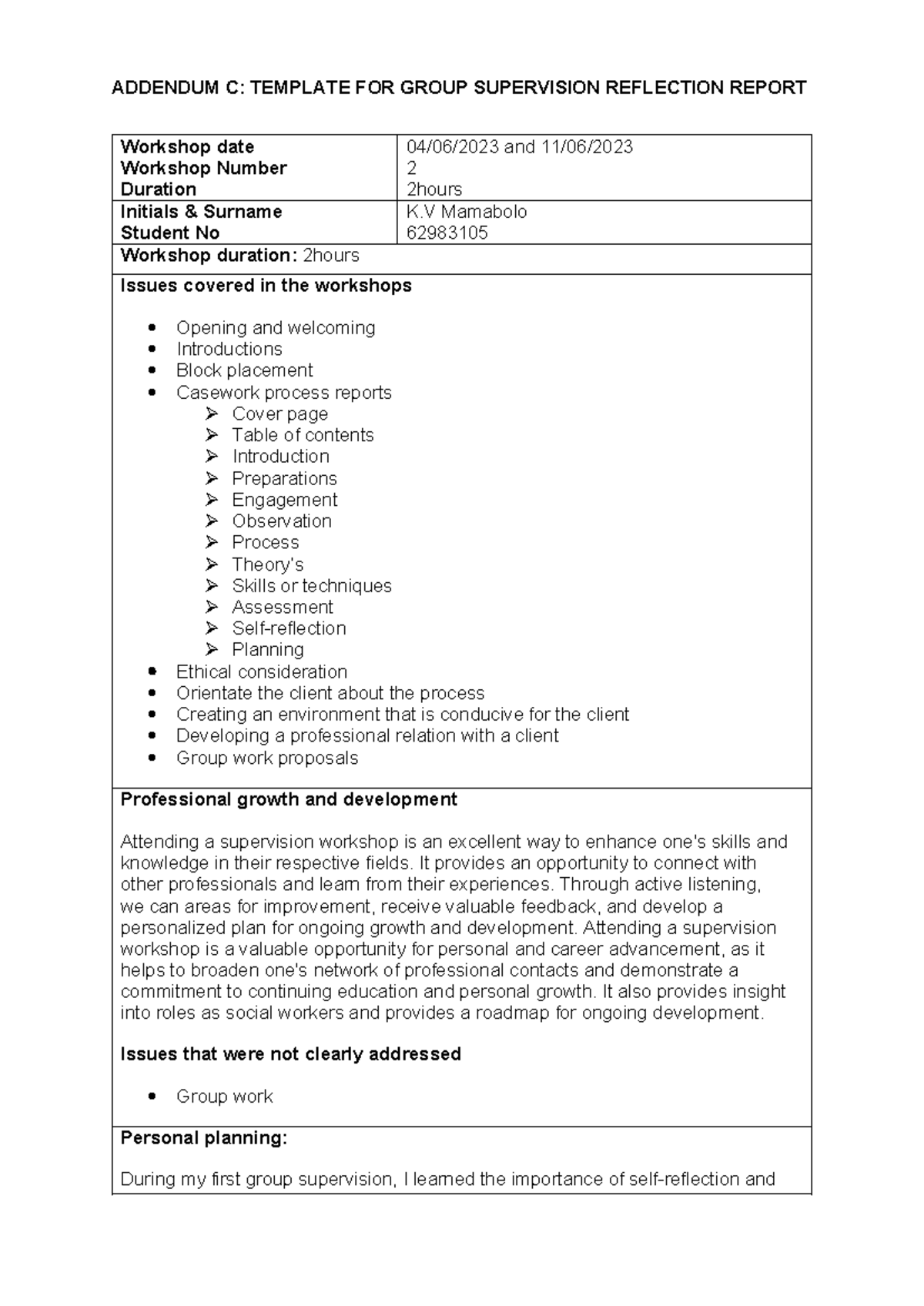 Addendum A Template for Supervision Reflection Reports - ADDENDUM C ...