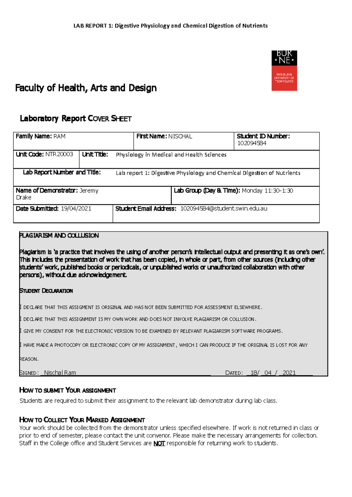 Lab Report 1 102094584 - Faculty of Health, Arts and Design Laboratory ...