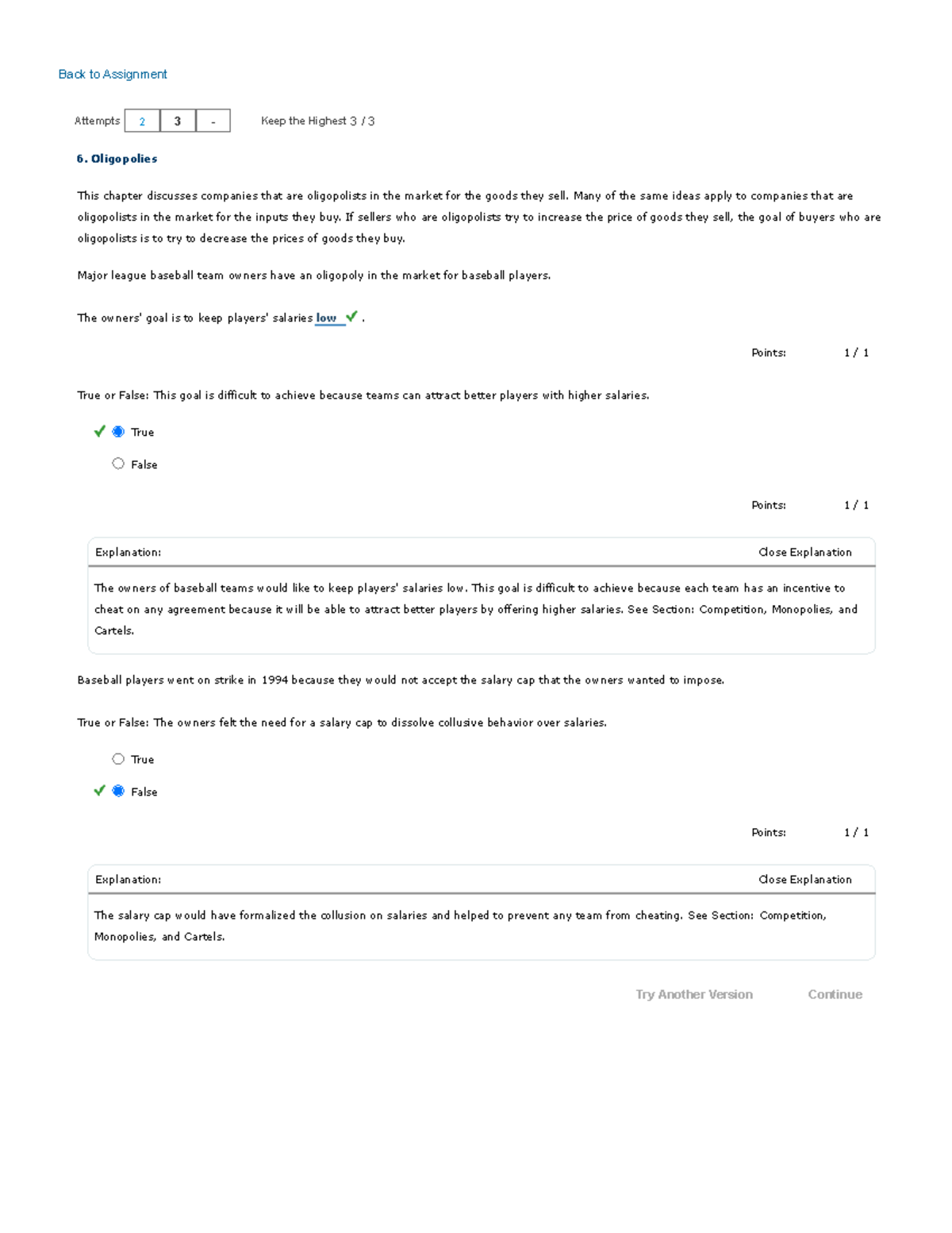 7.6 Oligopolies - Module quiz - Points: 1 / 1 Points: 1 / 1 Close Explanation Points: 1 / 1 ...