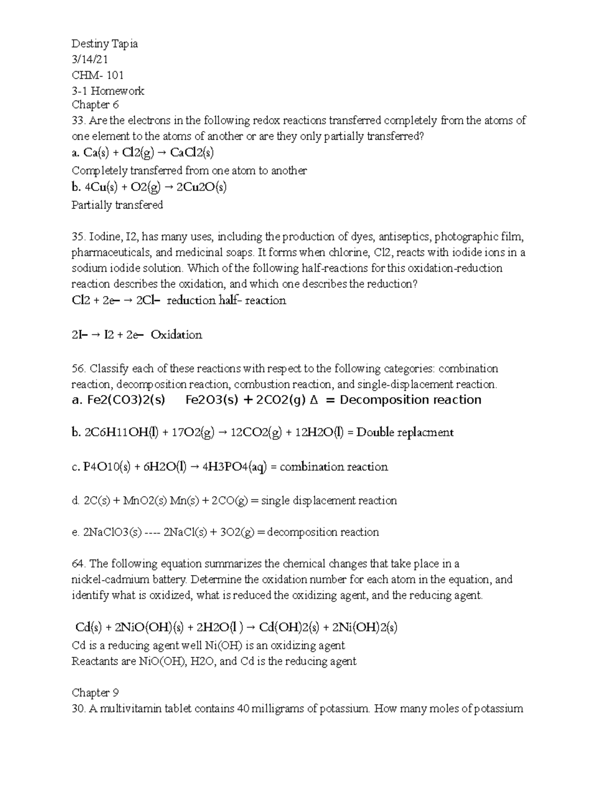 CHM- 101 3-1 Homework - Destiny Tapia 3/14/ CHM- 101 3-1 Homework ...