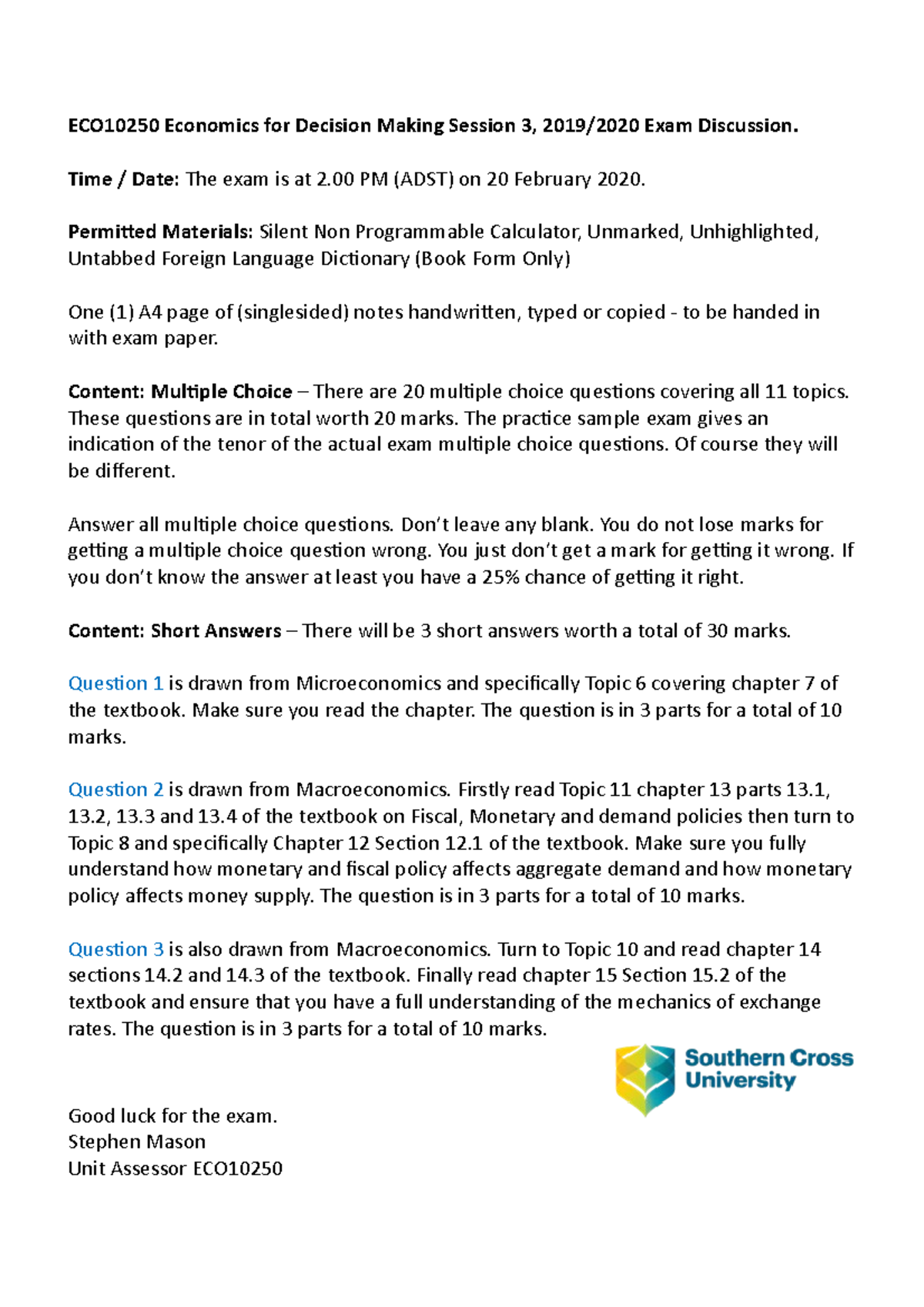 Sample/practice exam 20 February 2020, questions and answers - ECO10250 ...