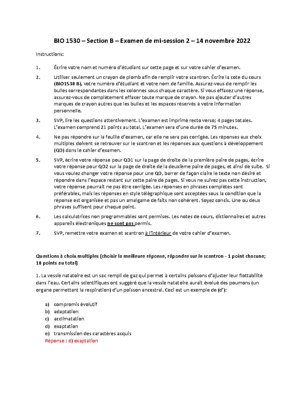 BIO1530 2022 Mi session 2B corrigé - BIO 1530 – Section B – Examen de ...