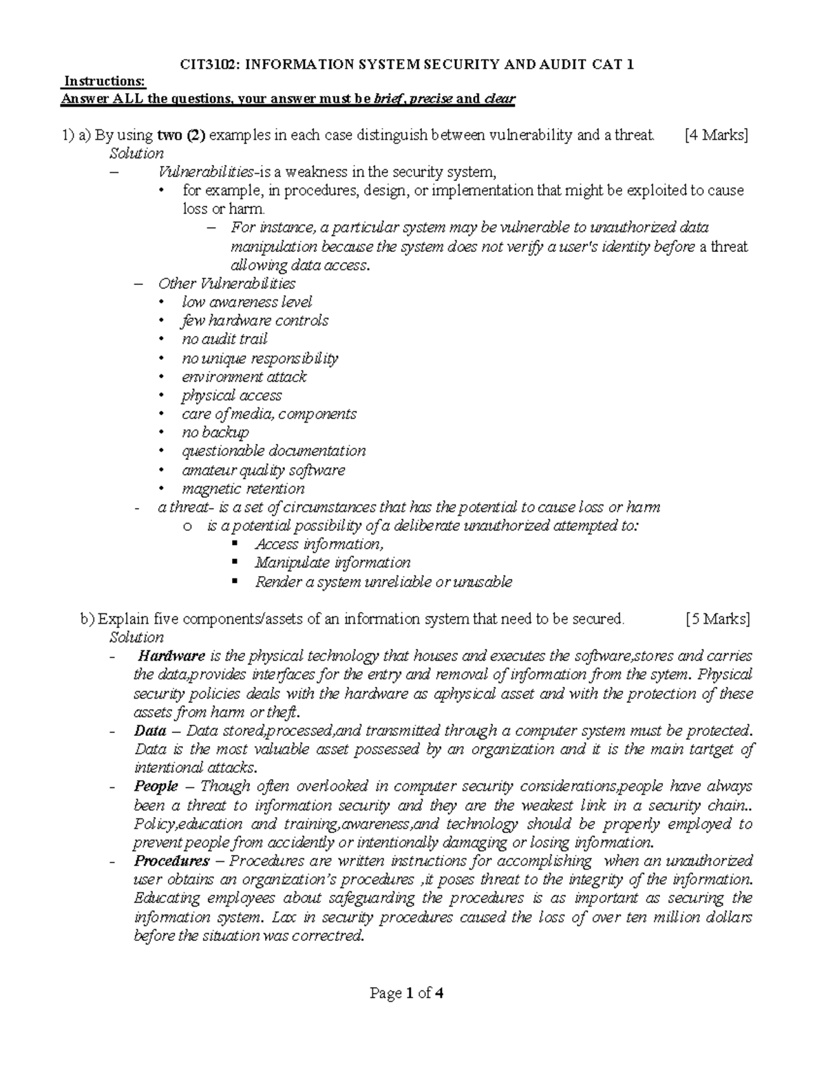 CIT 3102 Information System Security AND Audit CAT 1 Complete with ...