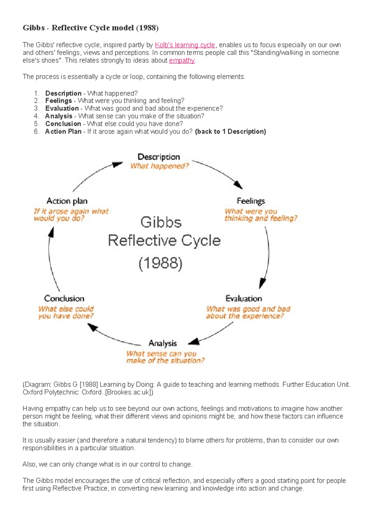Gibbs reflective practice model - Gibbs - Reflective Cycle model (1988 ...