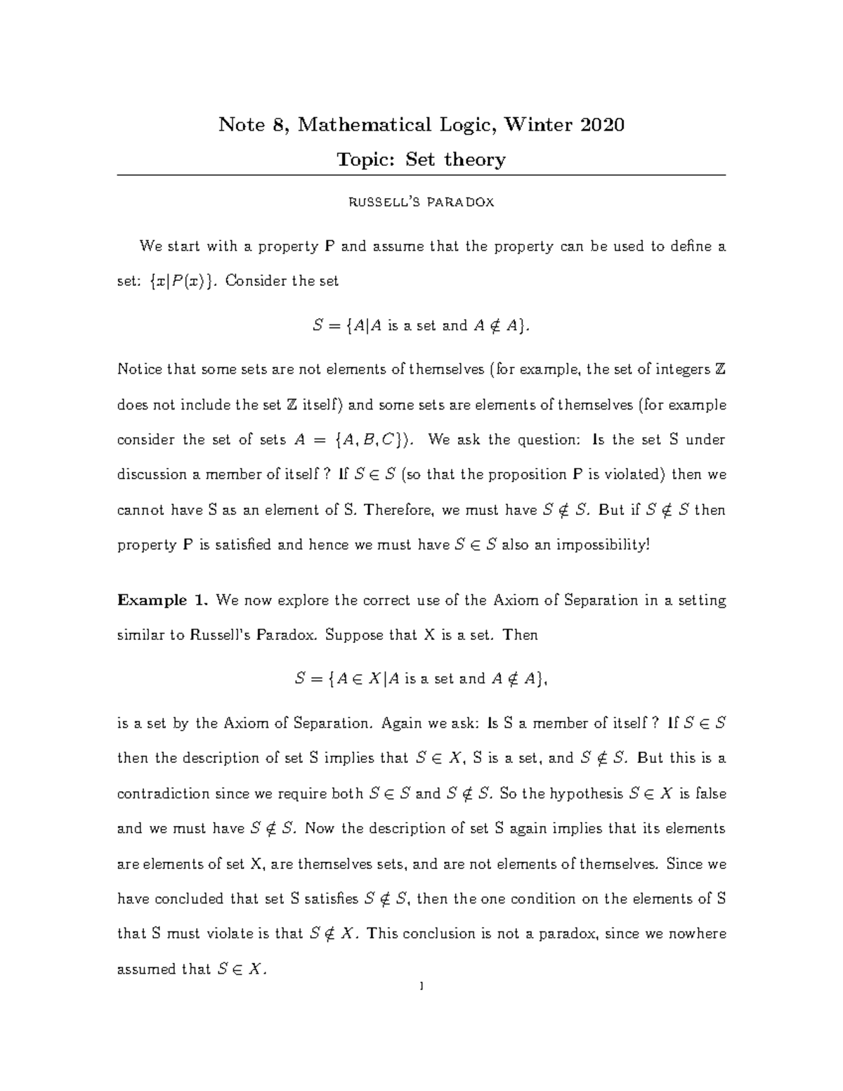 Notepc 8 - This note contain basic problems in set theory - Note 8, Mathematical Logic, Winter ...