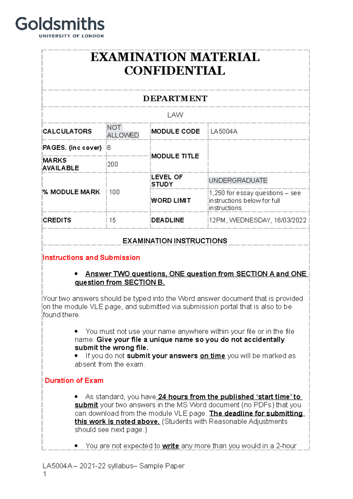 Trusts Mock Exam Paper - law notes - EXAMINATION MATERIAL CONFIDENTIAL ...