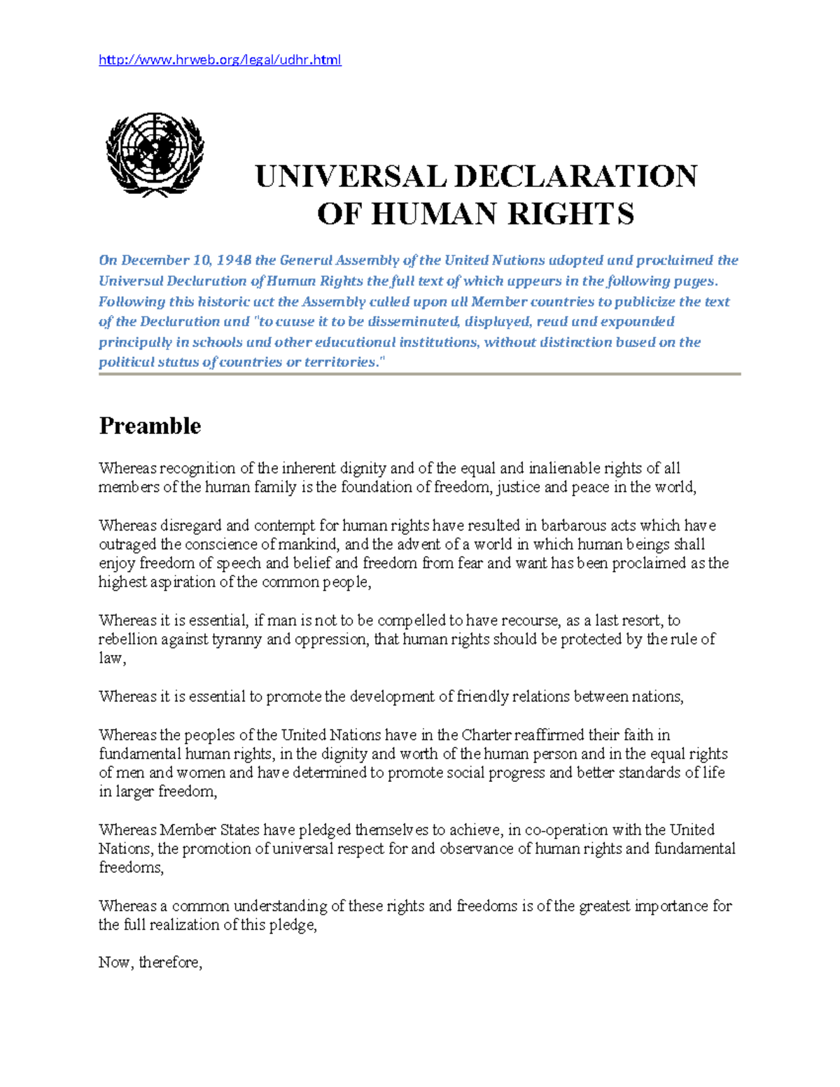 UN declaration of human rights - UNIVERSAL DECLARATION OF HUMAN RIGHTS ...