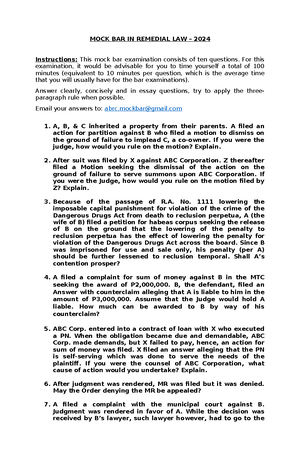 MOCK BAR IN Civil LAW 2024 - MOCK BAR in CIVIL LAW 2024 Instructions ...