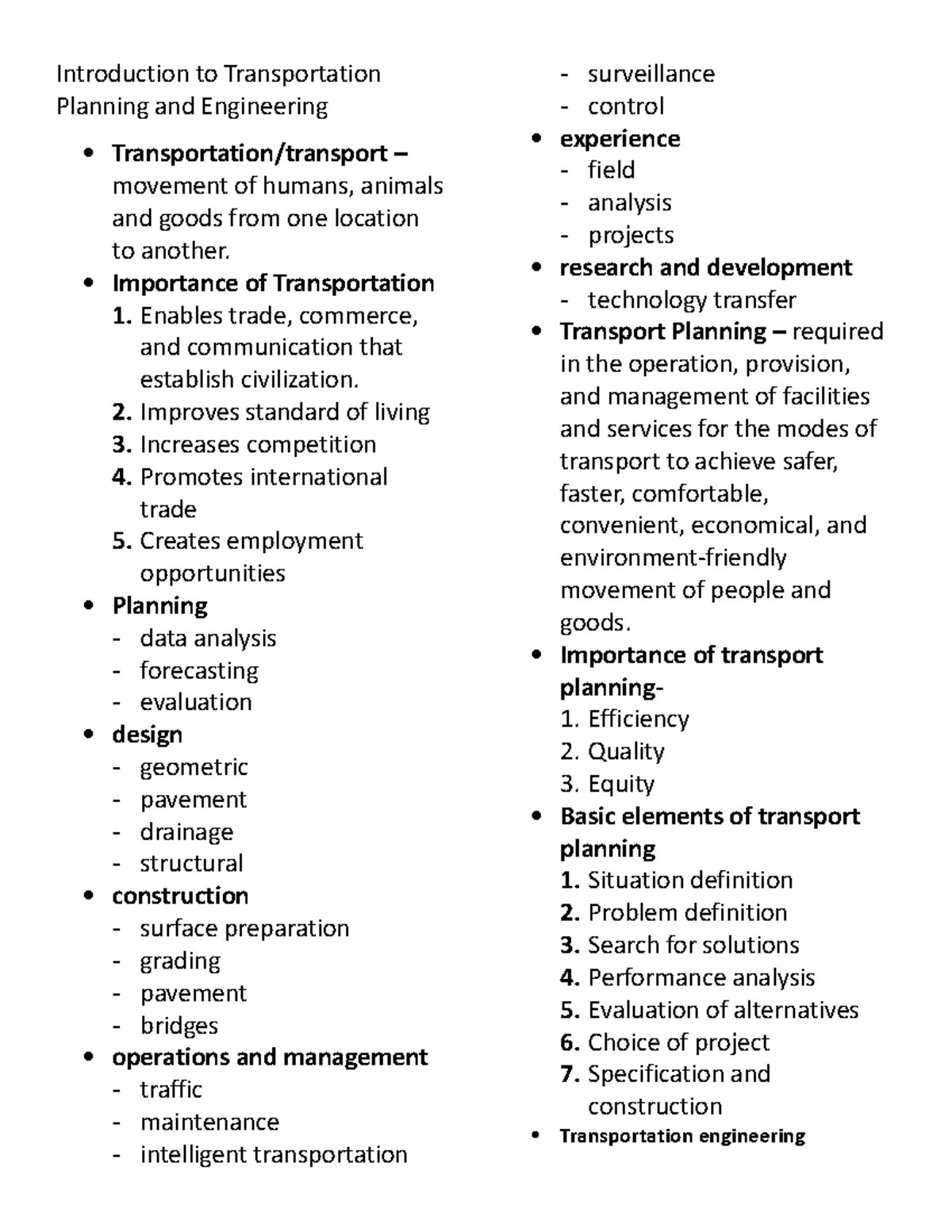 Transpo reviewer - Introduction to Transportation Planning and ...