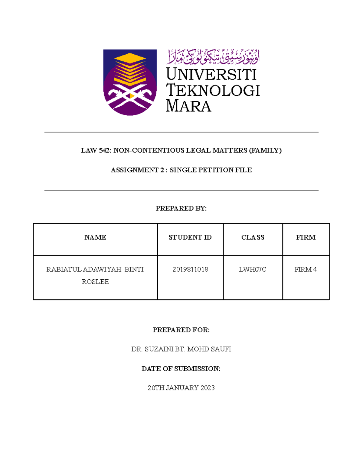 Sample Single Petitioner File Divorce (Desertion) - LAW 542: NON ...