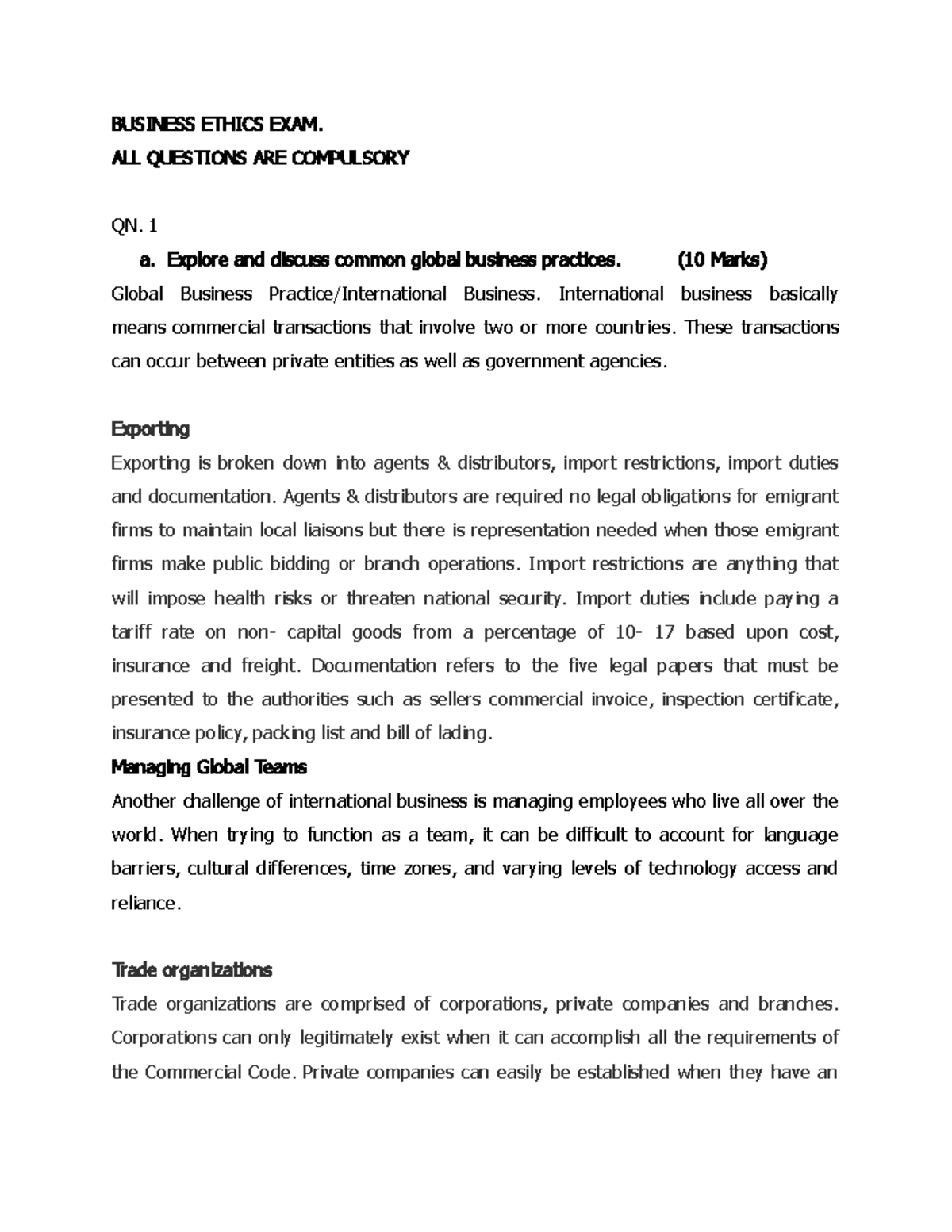 Business Ethics - Cat 1 - BUSINESS ETHICS EXAM. ALL QUESTIONS ARE ...