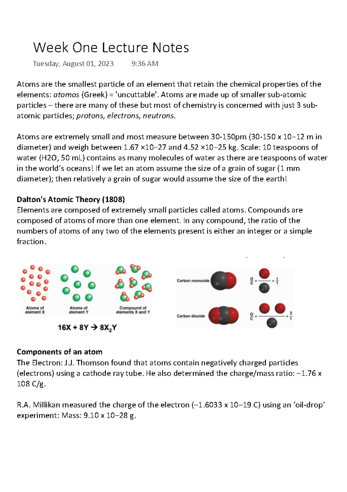 CHEM111 - Week One Lecture Notes - Atoms are the smallest particle of ...