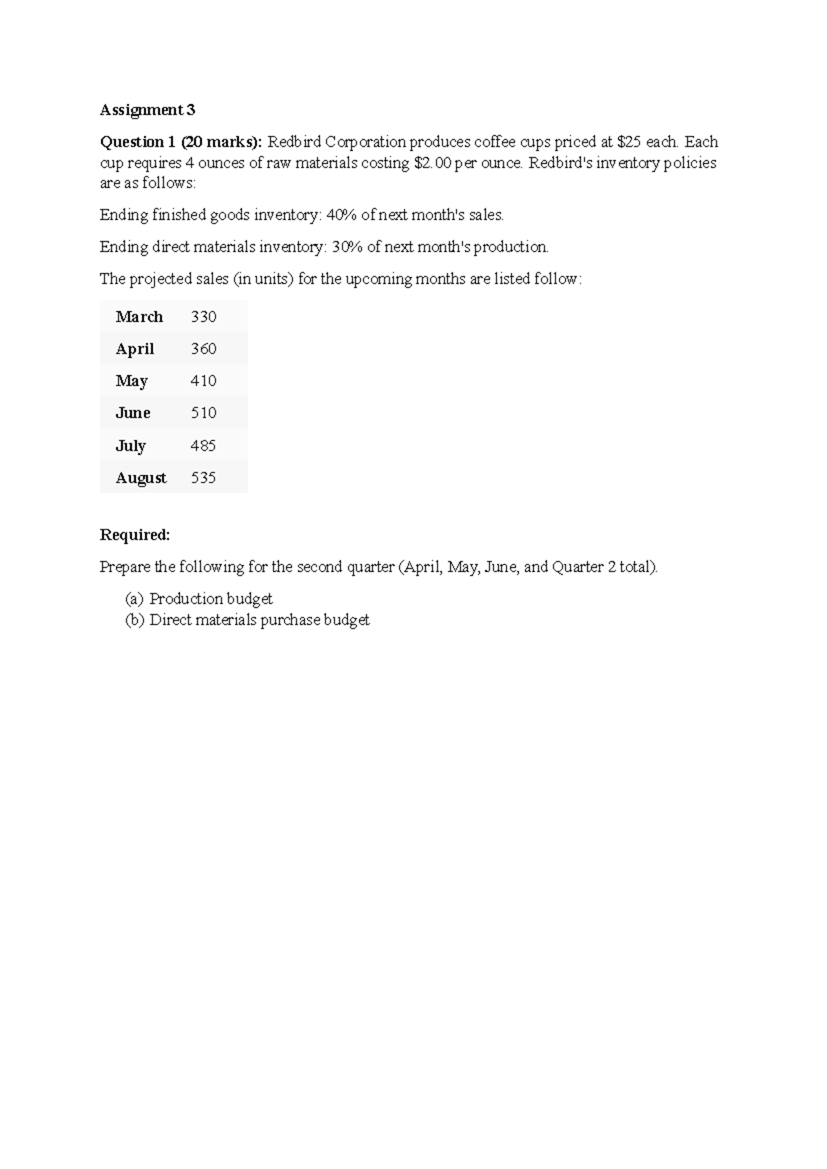 Assignment three - Assignment 3 Question 1 (20 marks): Redbird Corporation produces coffee cups ...