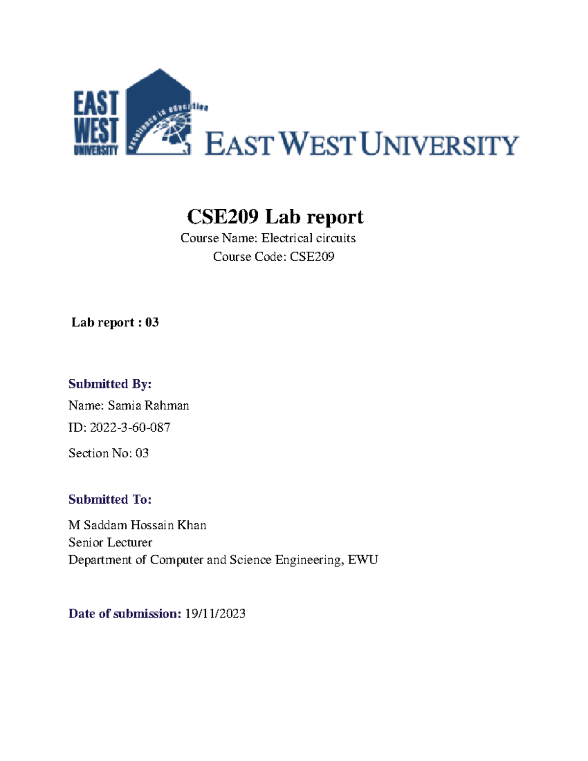Cse209 Lab Report 3 Electrical Circuit Cse209 Lab Report Course