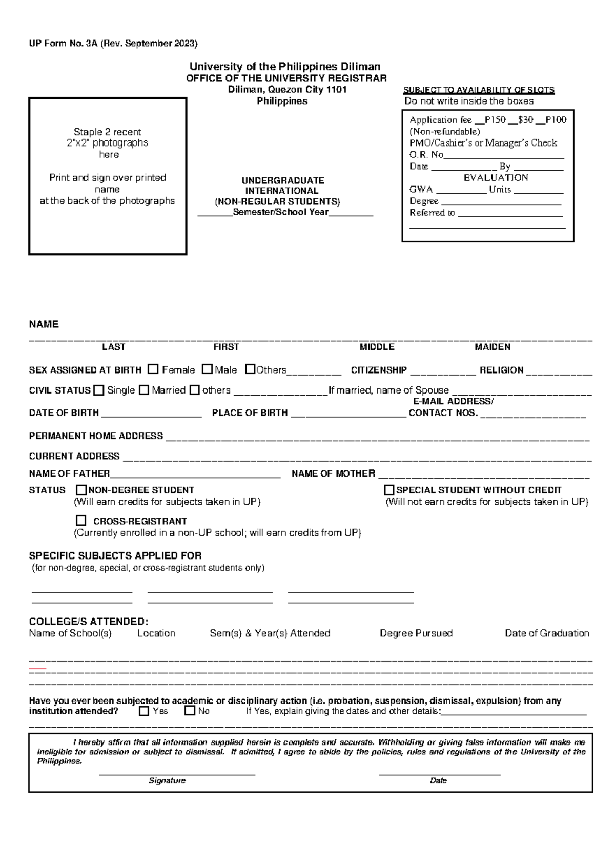 [Mono] Sample Admission Application Form - UP Form No. 3A (Rev ...