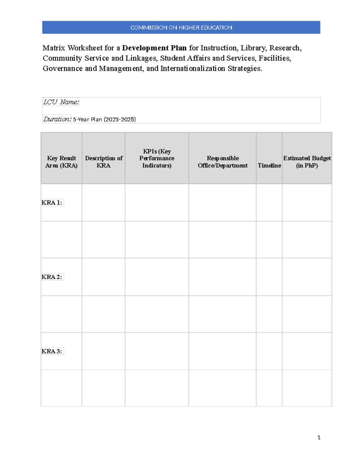 Development Plans Worksheet - COMMISSION ON HIGHER EDUCATION Matrix ...