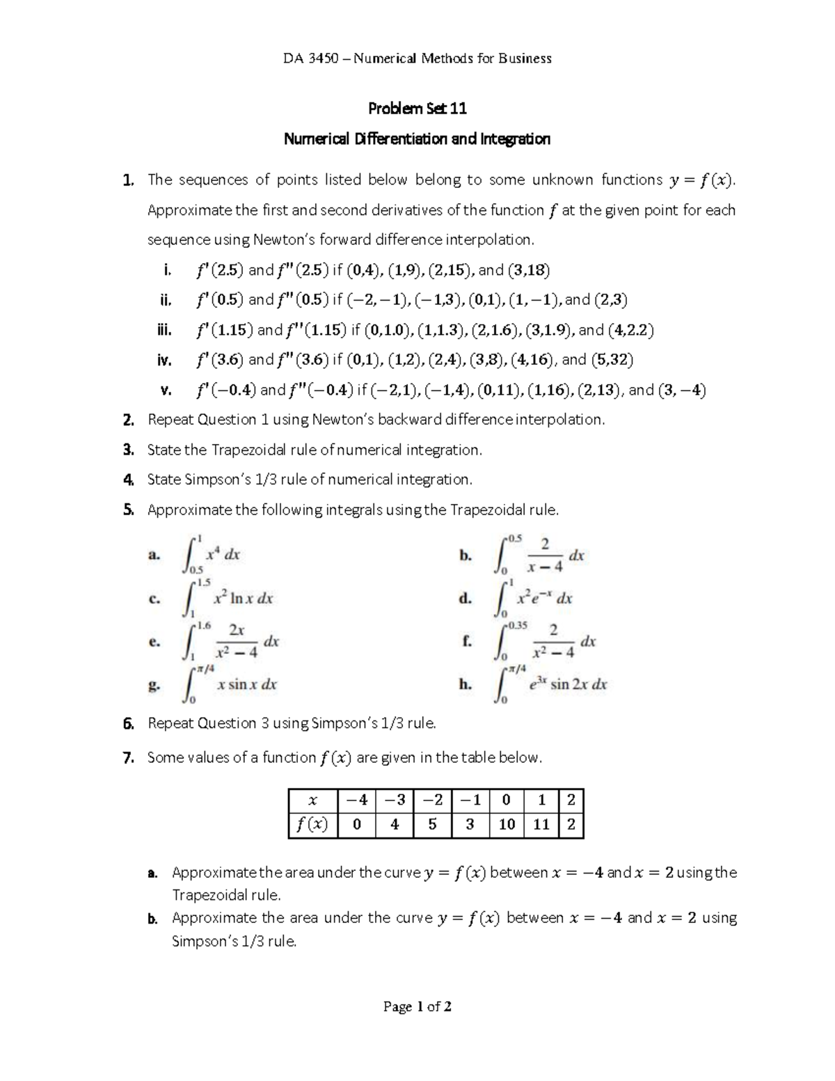 numerical methods - DA 3450 – Numerical Methods for Business Page 1 of ...
