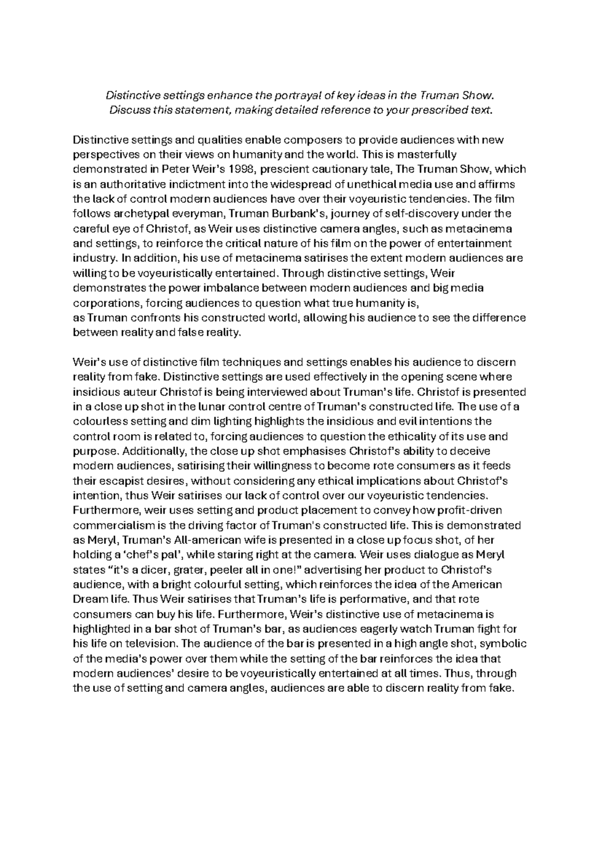 Mod B the Truman Show Trials Essay 2024 - Distinctive settings enhance ...