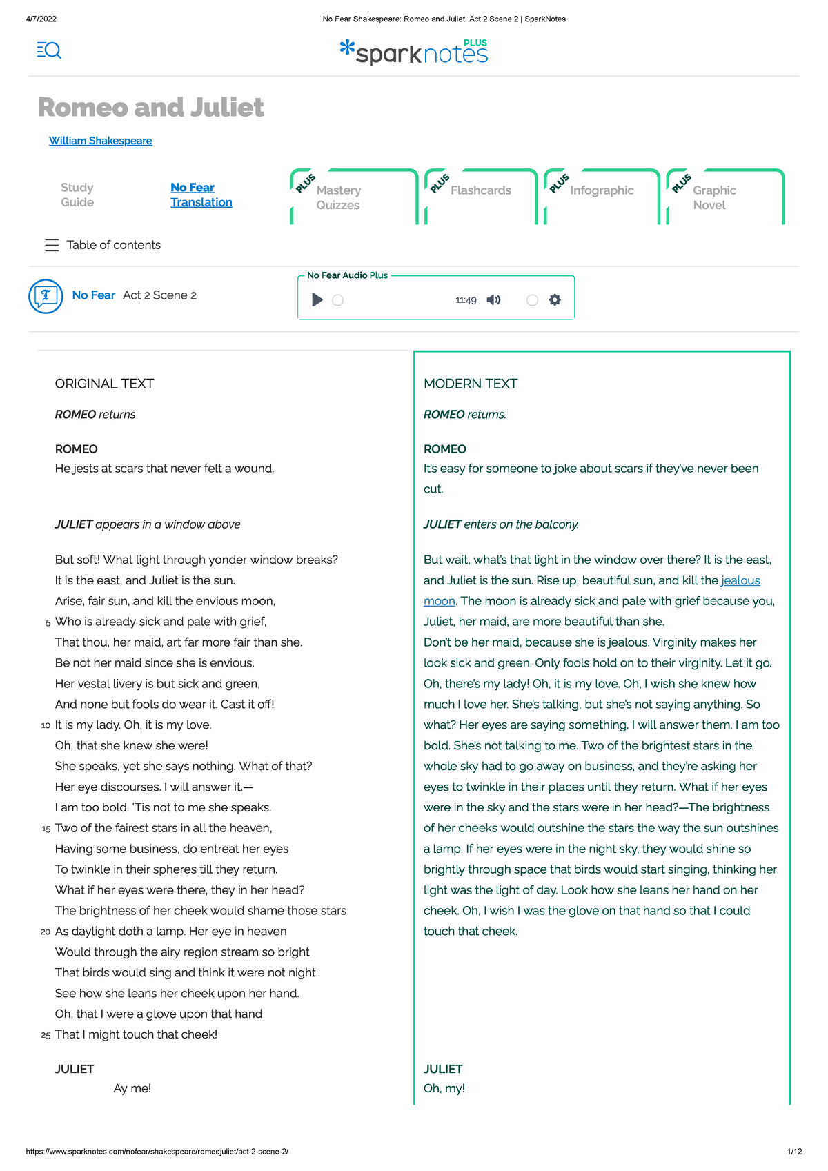 R&J+~+Act+2+~+Scene+2 - Romeo and Juliet William Shakespeare No Fear ...